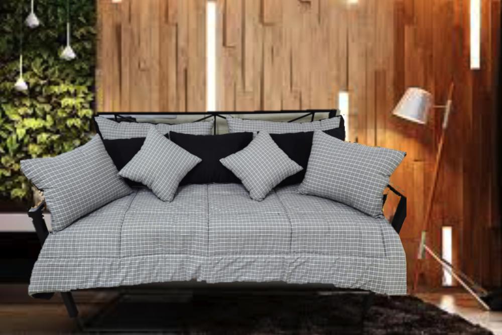 Sofá Cama Day Bed Capri Negro + Coordinado Escocés Blanco/Negro